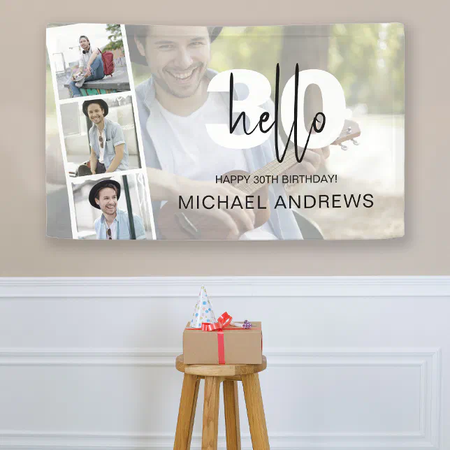 Hello 30 | Unisex | Photo Collage | Birthday Party Banner | Zazzle