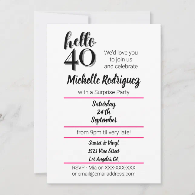 Hello 40 - 40th Birthday Modern Pink & Black Party Invitation | Zazzle