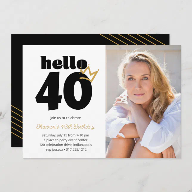 Hello 40 Milestone Birthday Crown Custom Photo Invitation | Zazzle