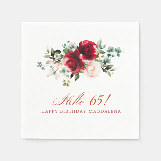 Hello 65 Birthday Party Red Pink Floral Napkins | Zazzle