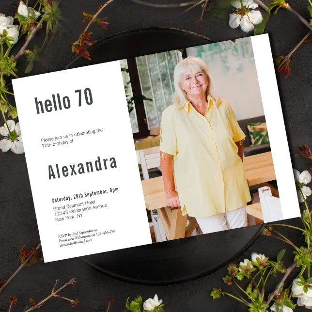 Hello 70 Modern Custom Photo 70th Birthday Party Invitation | Zazzle