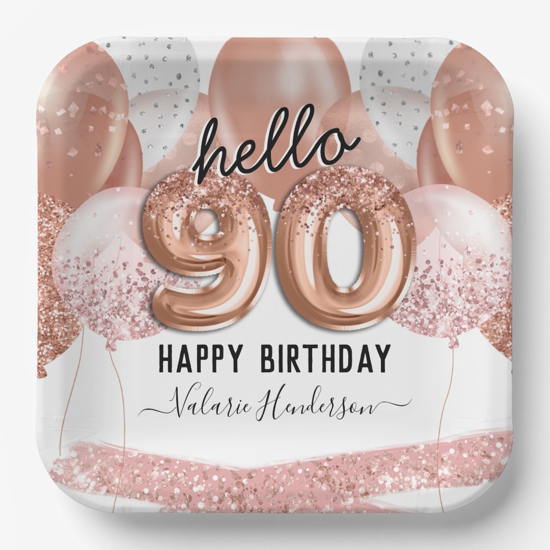 Hello 90 Pink Glitter Birthday Balloons Paper Plat Paper Plates | Zazzle