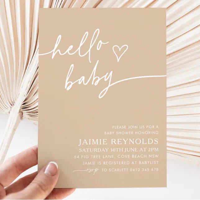 Hello Baby Beige Baby Shower Invitation | Zazzle