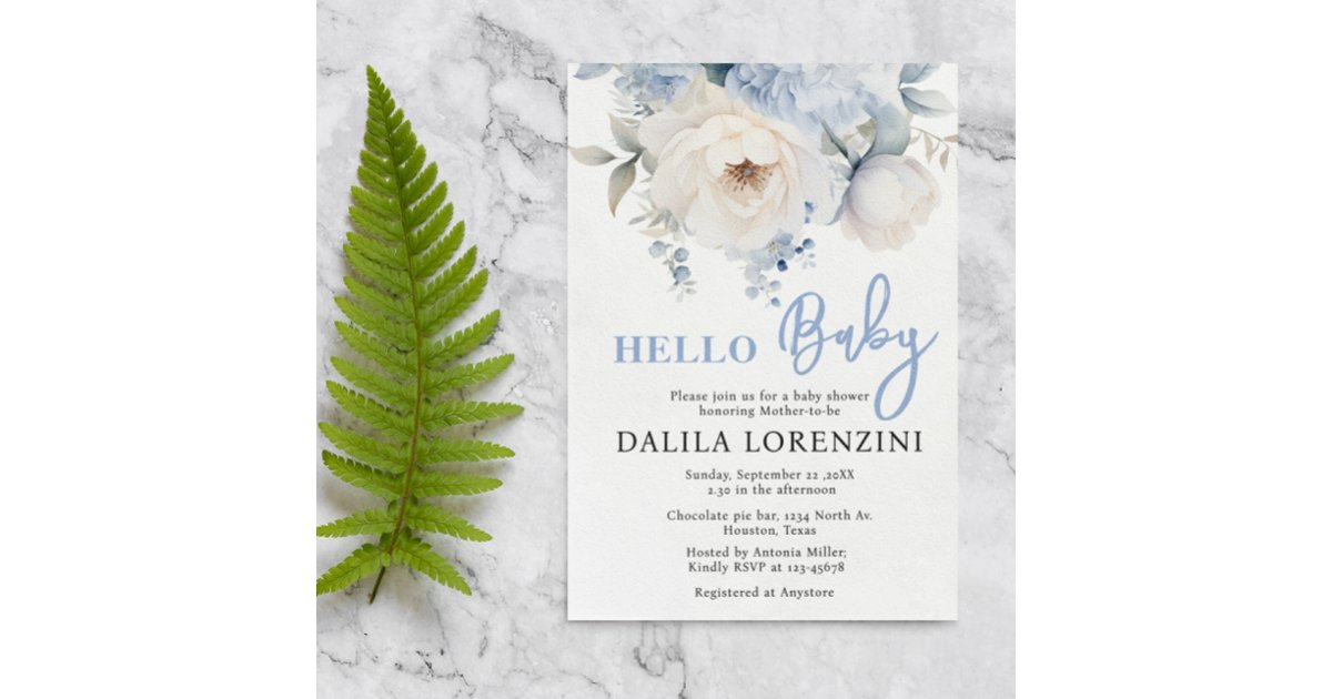 Hello Baby Blue Floral Baby Shower Invitation | Zazzle