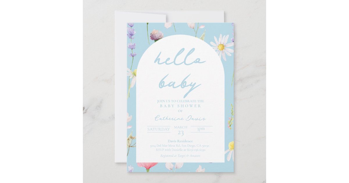 Hello Baby Blue Floral Boy Baby Shower Invitation | Zazzle