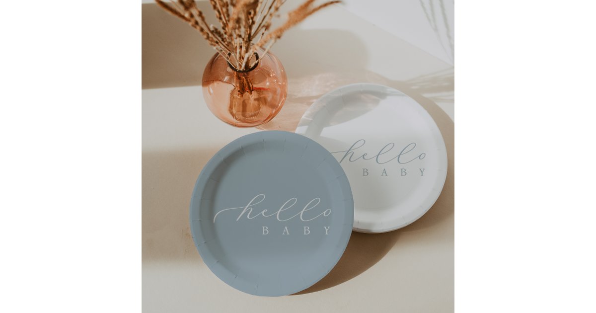 Hello Baby Blue Script Minimalist Baby Shower Paper Plates | Zazzle