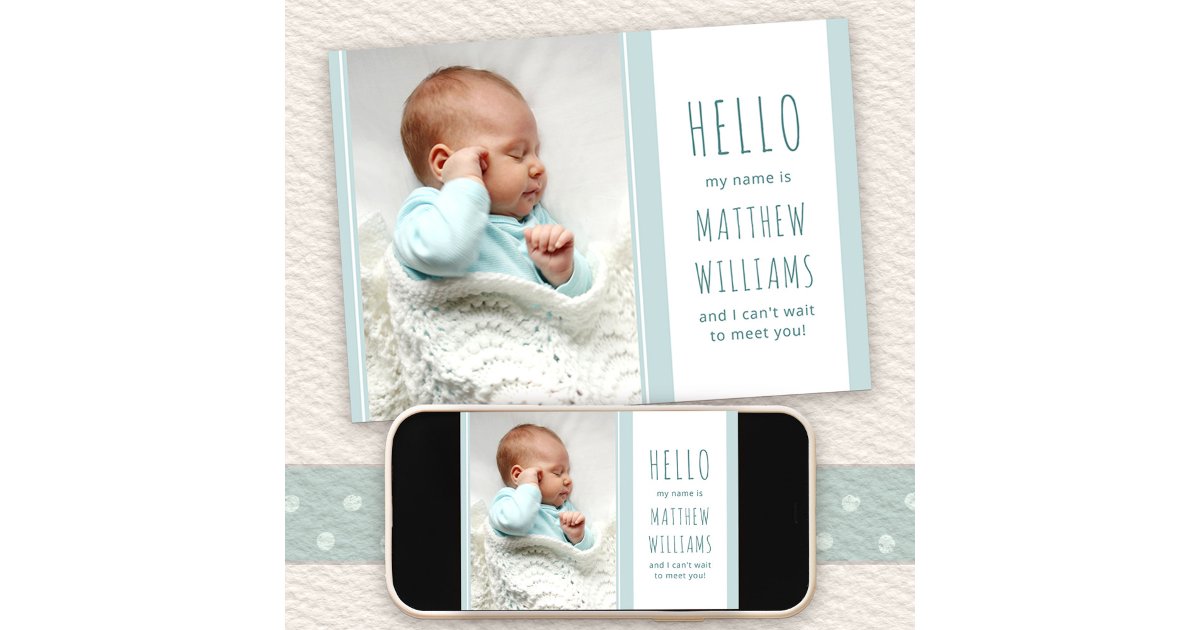 Hello Baby Boy Photo Blue and White Birth Announcement | Zazzle