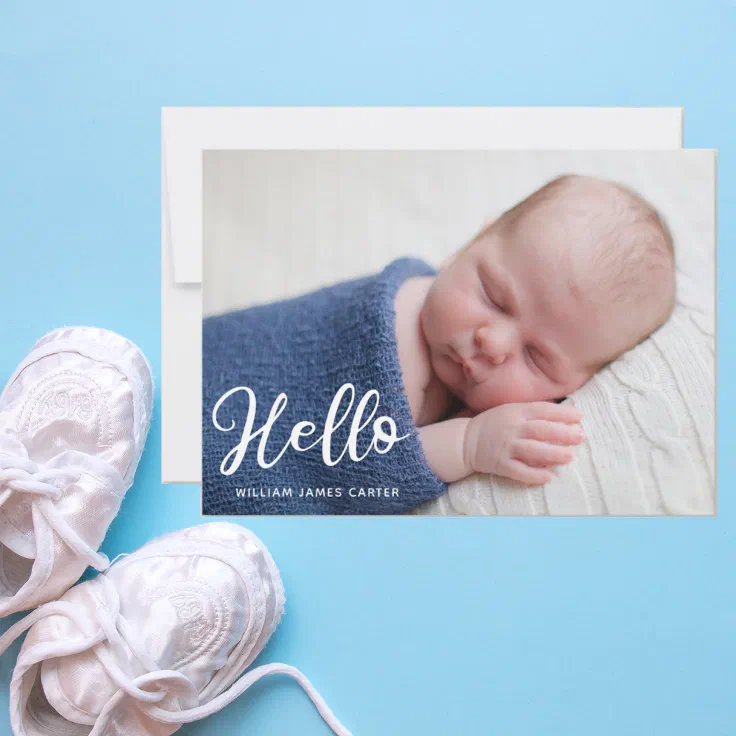 Hello Baby Boy Photo Simple Script Blue Birth Announcement | Zazzle