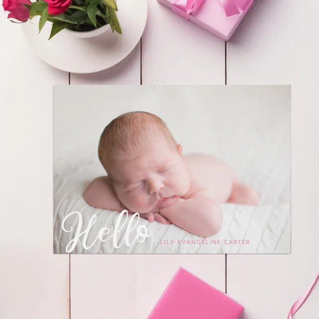 Hello Baby Girl Photo Simple Script Pink Birth Announcement | Zazzle