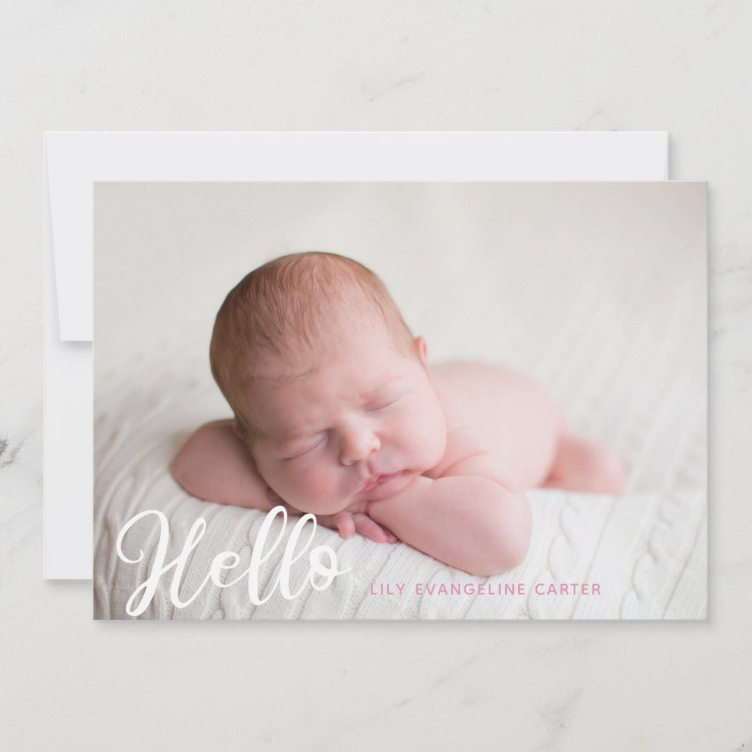 Hello Baby Girl Photo Simple Script Pink Birth Announcement | Zazzle