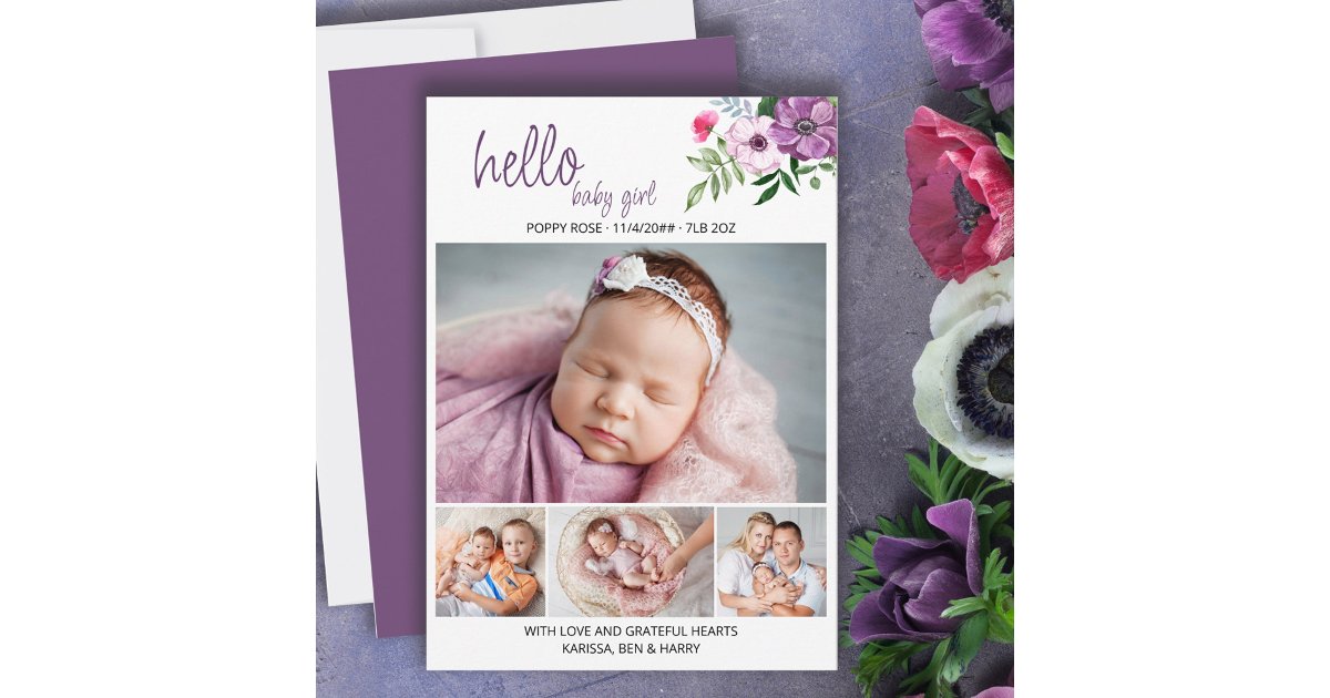 Hello Baby Girl Purple Floral 4 Photo Birth Announcement | Zazzle