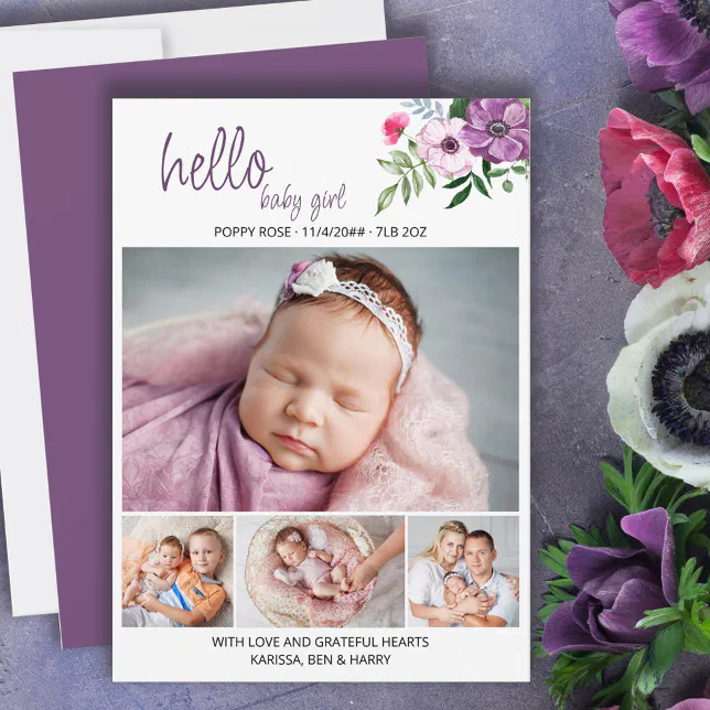 Hello Baby Girl Purple Floral 4 Photo Birth Announcement | Zazzle
