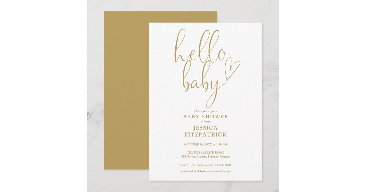 Hello Baby Gold Heart Script Baby Shower Invitation | Zazzle