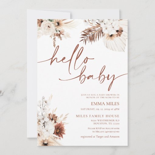 Hello Baby Invitation Earthy Pampas Baby Shower | Zazzle