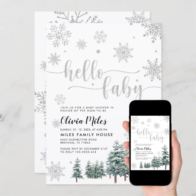Hello Baby invitation, silver winter baby shower Invitation | Zazzle