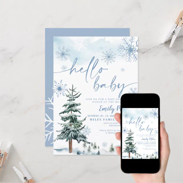 Hello Baby invitation, Winter blue baby shower Invitation | Zazzle
