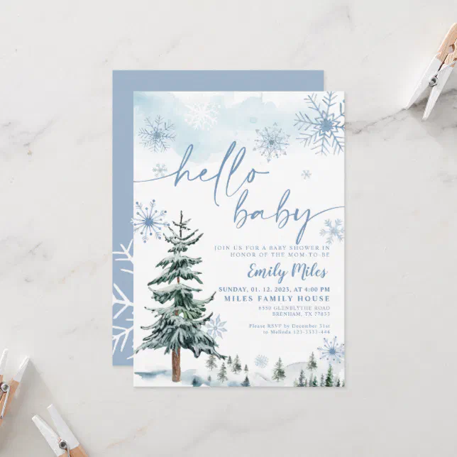 Hello Baby invitation, Winter blue baby shower Invitation | Zazzle
