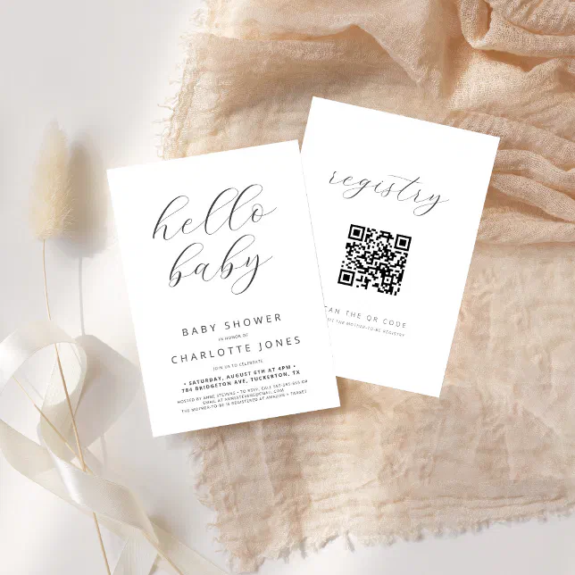 Hello Baby Modern Minimal QR Code Baby Shower Invitation | Zazzle
