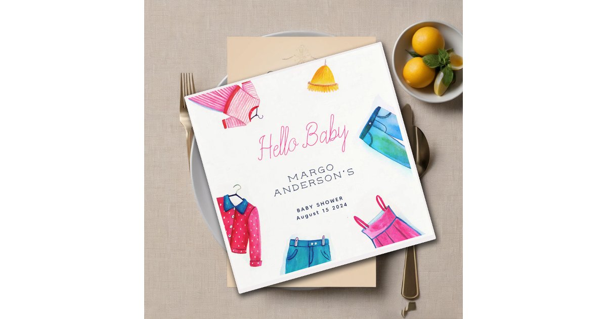 Hello Baby Pink Blue Clothes Baby Shower Napkins | Zazzle