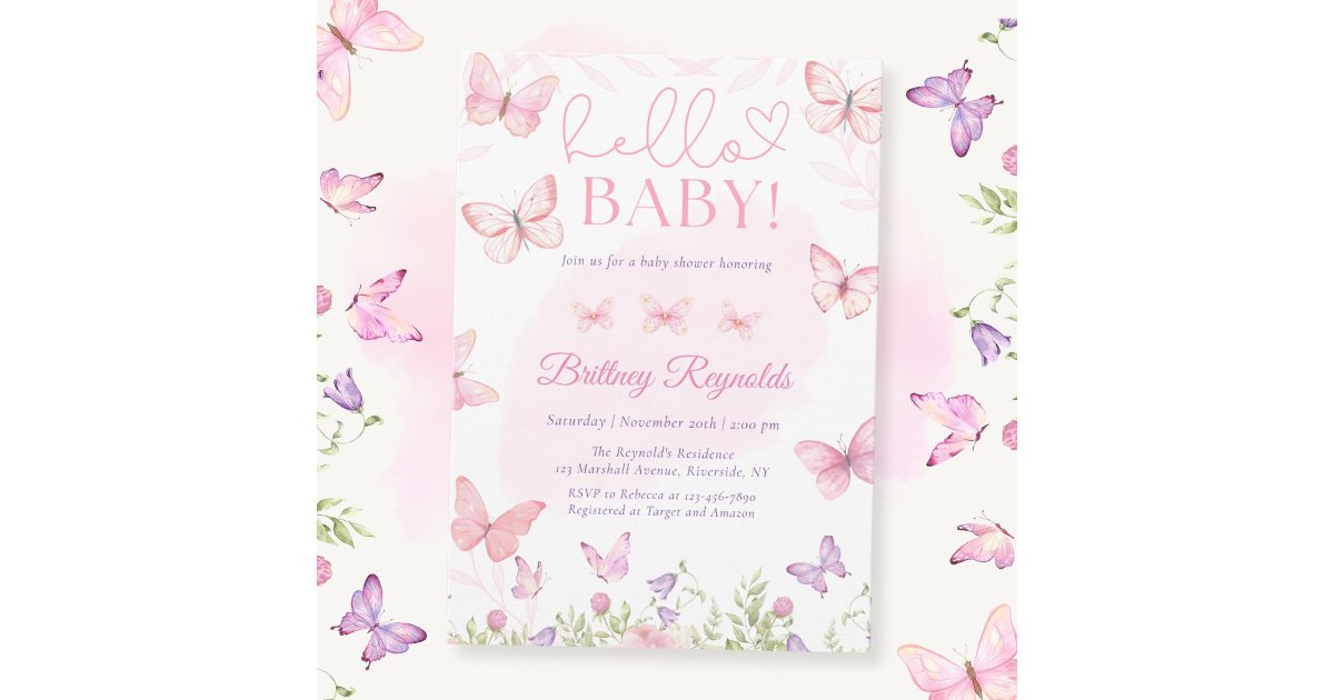 Hello Baby Pink Butterfly Baby Shower Invitation | Zazzle
