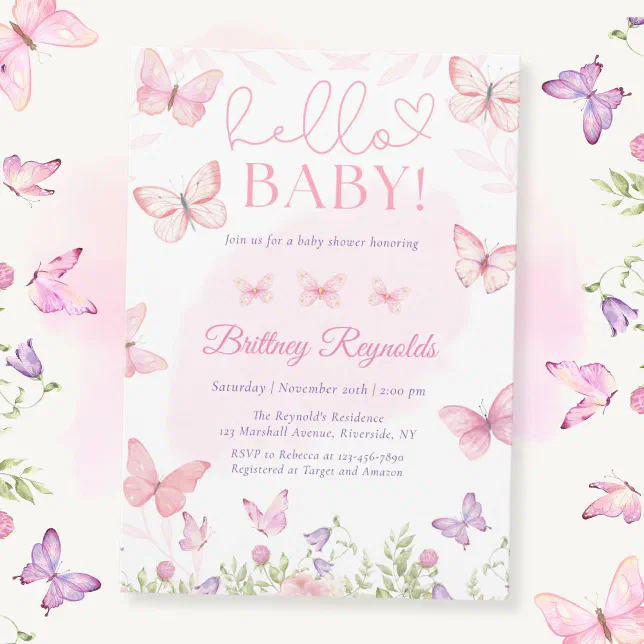 Hello Baby Pink Butterfly Baby Shower Invitation | Zazzle