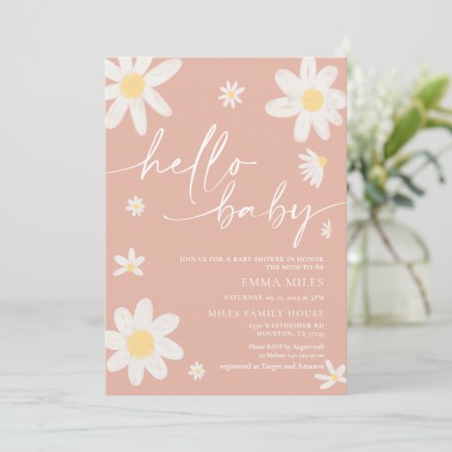 Hello Baby Pink Daisy Baby Shower Invitation | Zazzle
