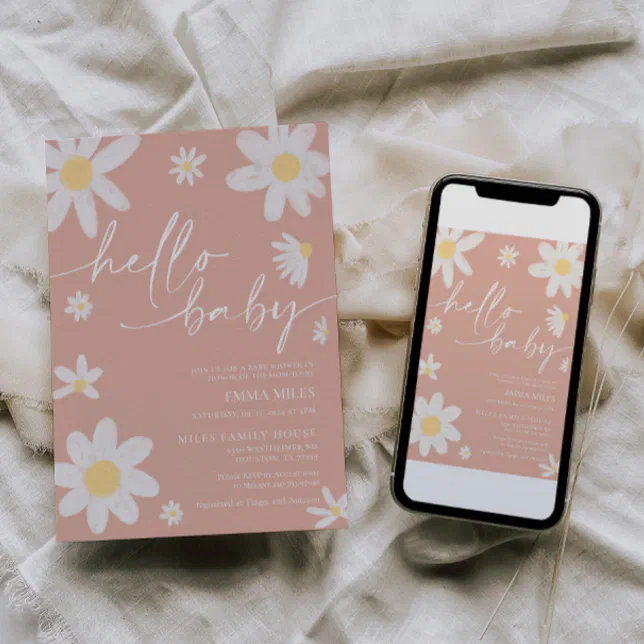Hello Baby Pink Daisy Baby Shower Invitation | Zazzle