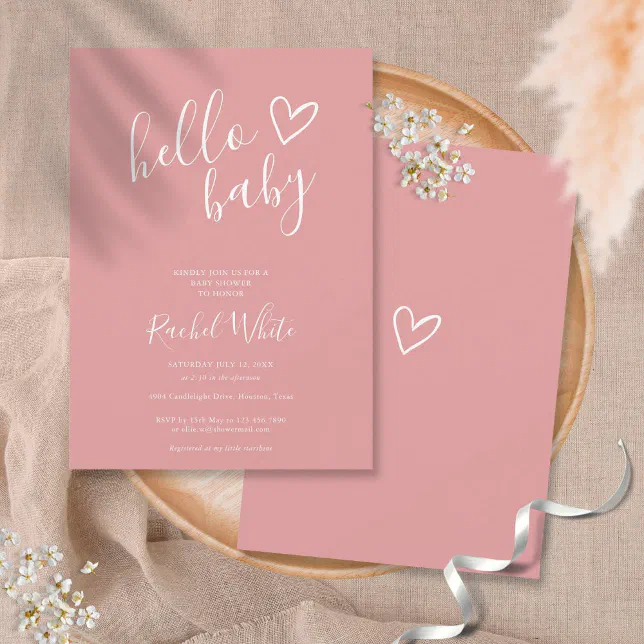 Hello Baby Shower Dusty Rose Pink Baby Girl Invitation | Zazzle