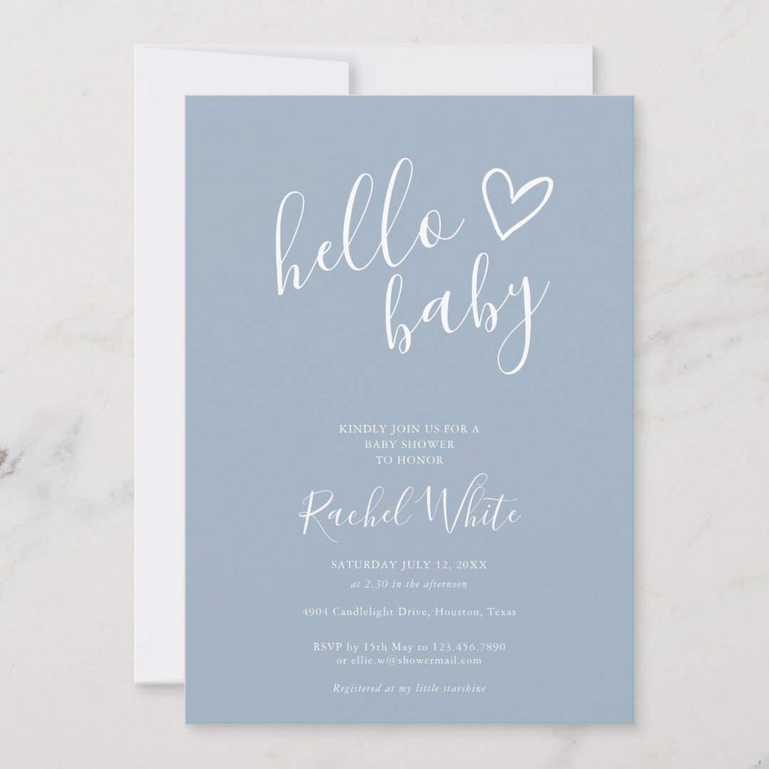 Hello Baby Shower Heart Dusty Blue Minimalist Invitation | Zazzle