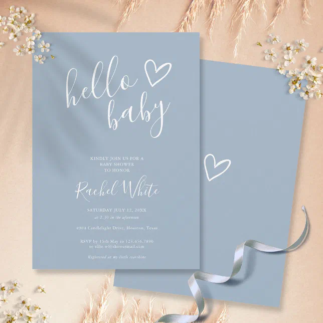 Hello Baby Shower Heart Dusty Blue Minimalist Invitation | Zazzle