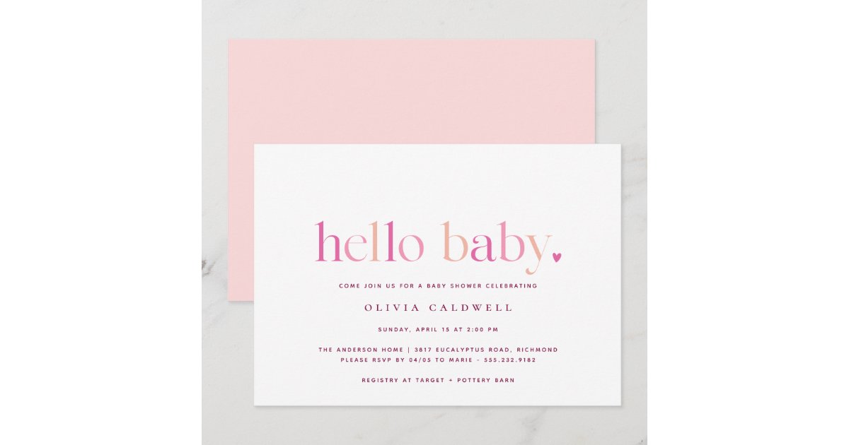 Hello Baby | Simple Heart Pink Girl Baby Shower Invitation | Zazzle