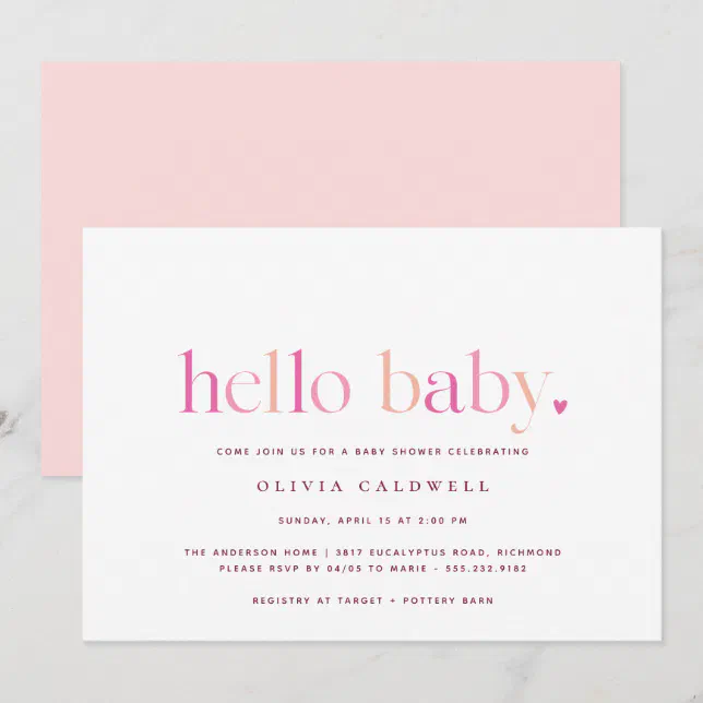 Hello Baby | Simple Heart Pink Girl Baby Shower Invitation | Zazzle