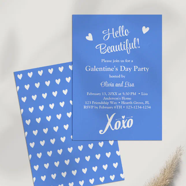 Hello Beautiful! Blue XOXO Galentine's Day Party Invitation | Zazzle