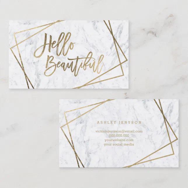 Hello beautiful faux gold script geometric marble business card | Zazzle