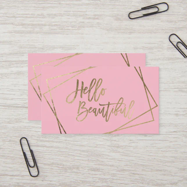 Hello beautiful faux gold script geometric pink business card | Zazzle