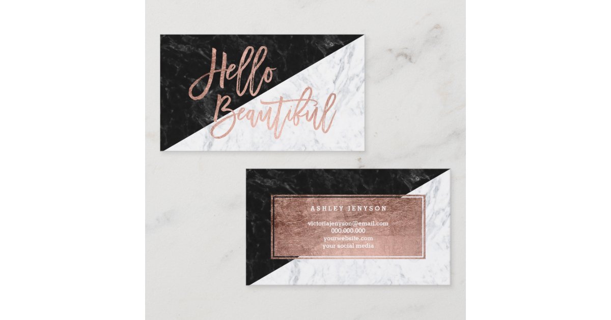 Hello beautiful faux rose gold chic block marble business card | Zazzle