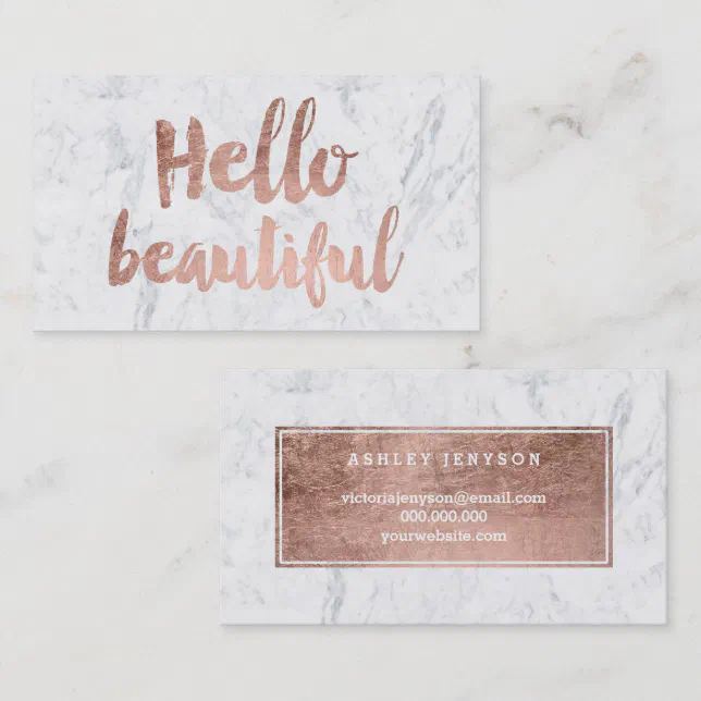 Hello beautiful faux rose gold typography marble business card | Zazzle