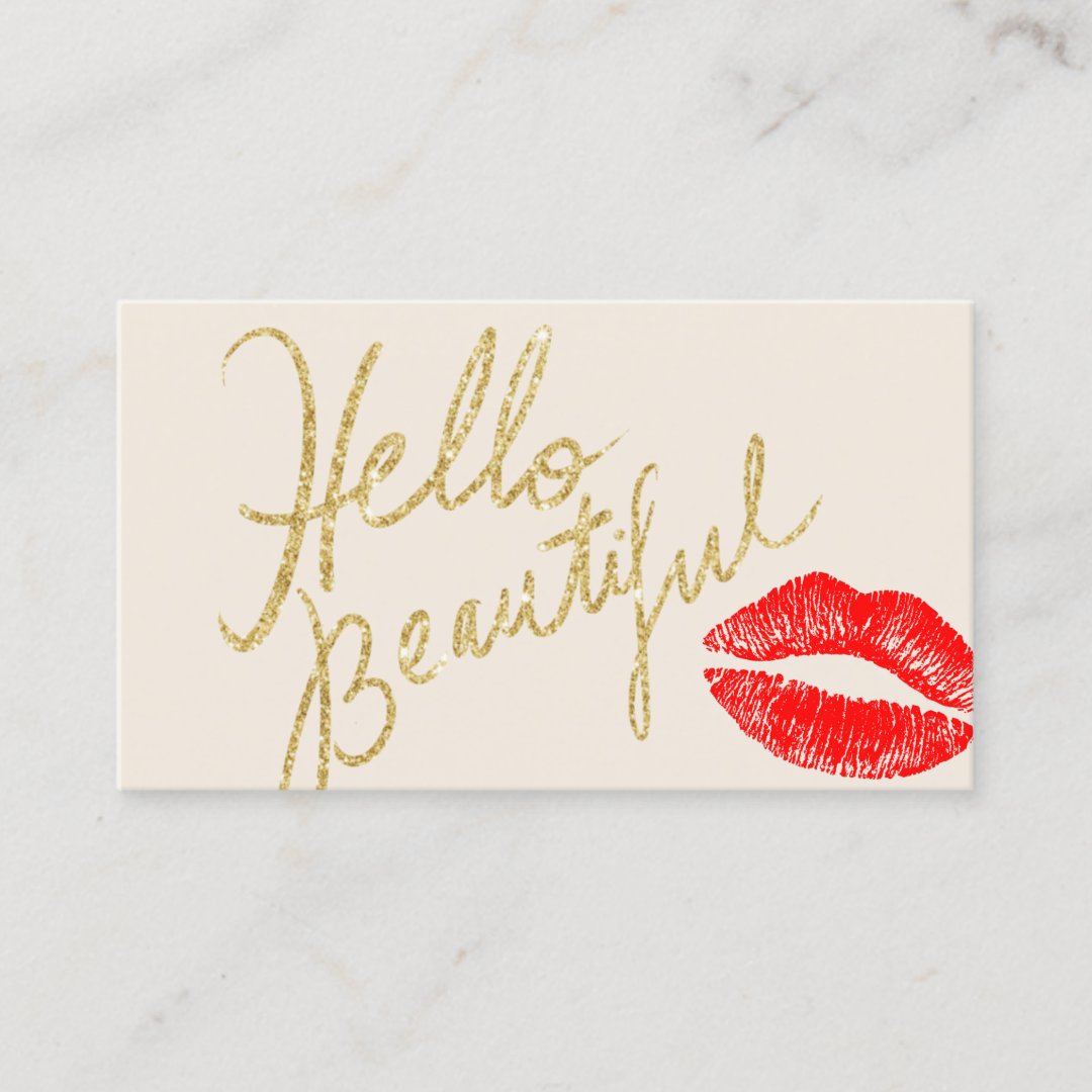 Hello Beautiful Gold Typography Red Lips Print Business Card | Zazzle