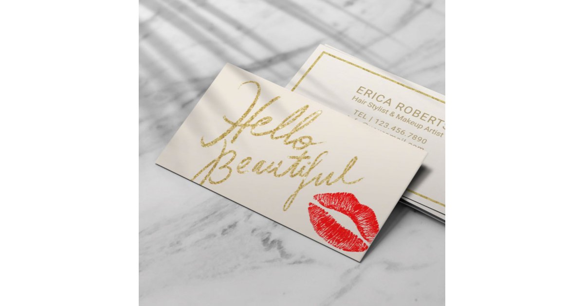Hello Beautiful Gold Typography Red Lips Print Business Card | Zazzle