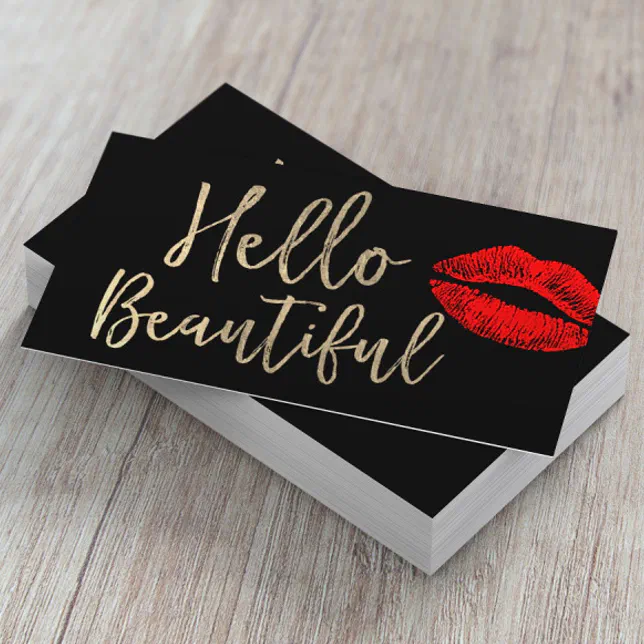 Hello Beautiful Makeup Artist Gold Typography Business Card | Zazzle