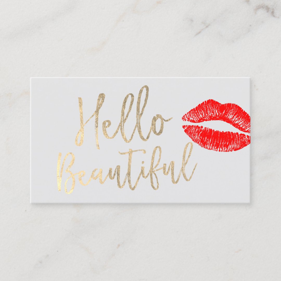 Hello Beautiful Makeup Artist Red Kiss Gold Script Business Card | Zazzle