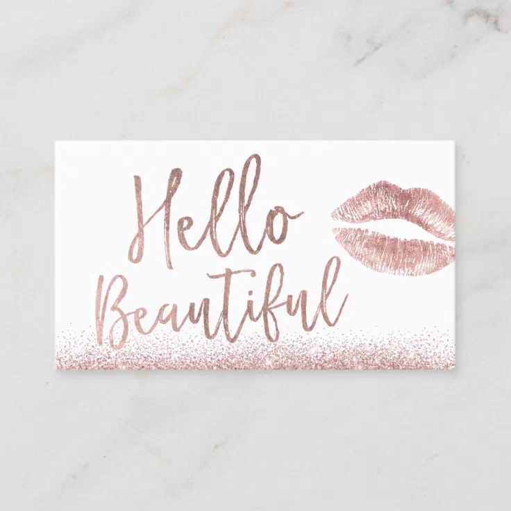 Hello Beautiful Makeup Artist Rose Gold Typography Business Card | Zazzle