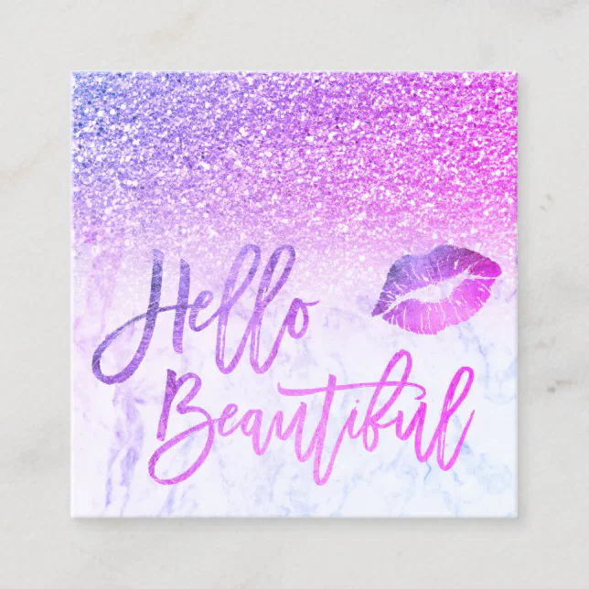 Hello beautiful pink purple glitter ombre marble square business card ...