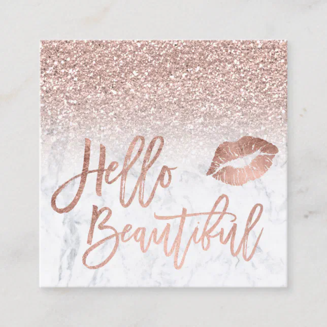 Hello beautiful rose gold glitter ombre marble square business card ...