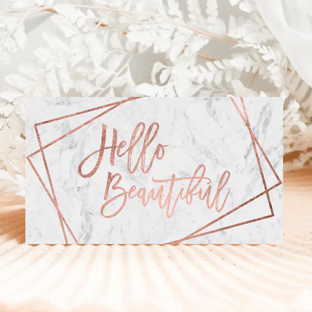 Hello beautiful rose gold script geometric marble business card | Zazzle