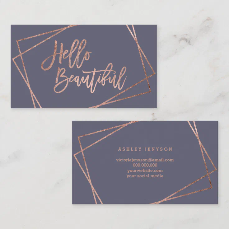 Hello beautiful rose gold script geometric purple business card | Zazzle