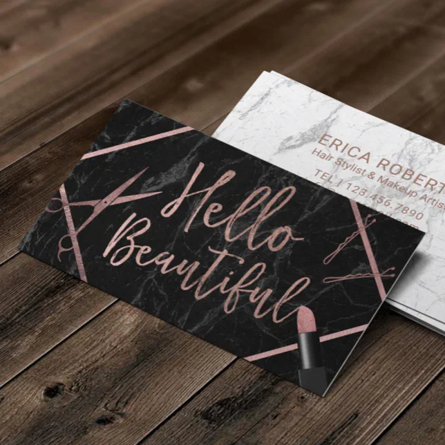 Hello Beautiful Rose Gold Script Marble Salon Business Card | Zazzle