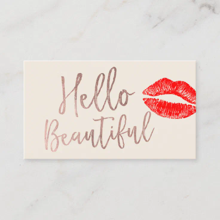 Hello Beautiful Rose Gold Typography Red Lips Business Card | Zazzle