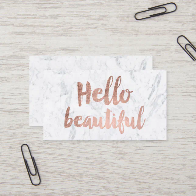 Hello beautiful rose gold typography white marble business card | Zazzle