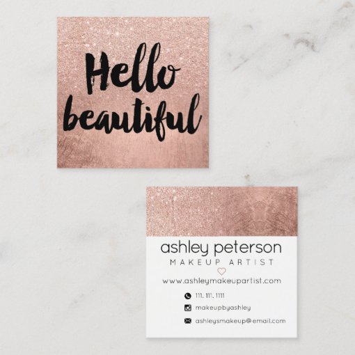Hello beautiful typography rose gold glitter 2 square business card ...